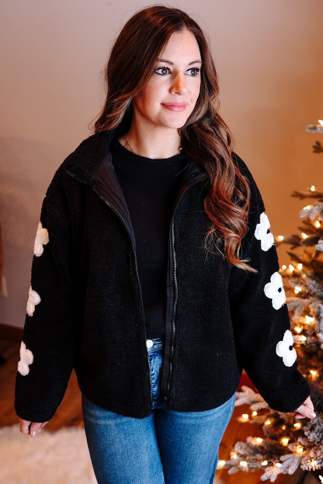 Maddie Flower Embroidery Zip Up - Black – Aiden & Oak